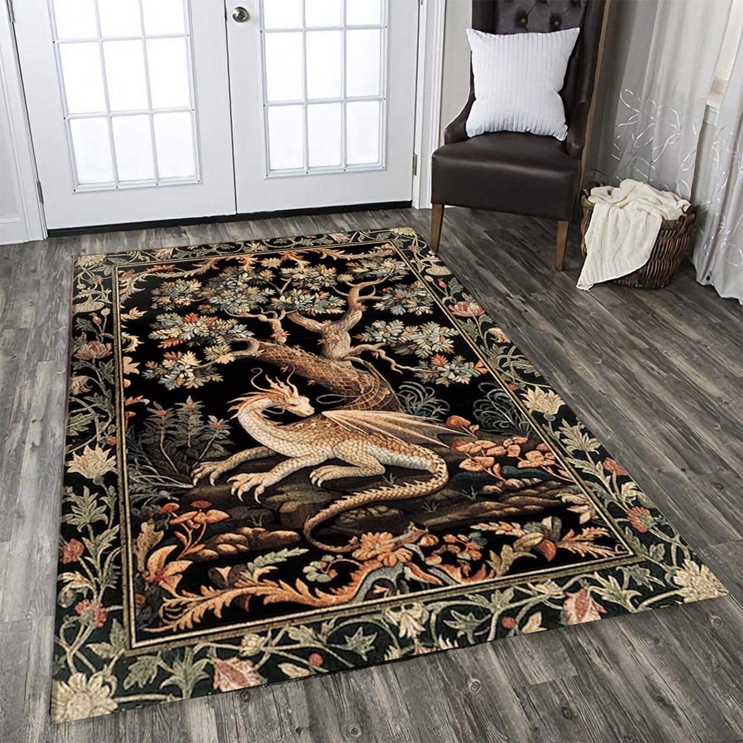 Medieval-style Rug Featuring A Magical Dragon and Floral Motifs ...
