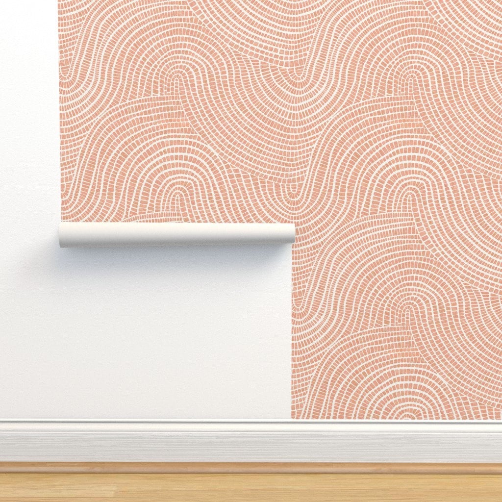 Coral Orange Coastal Watercolor Waves Tiles Wallpaper for a Tropical ...