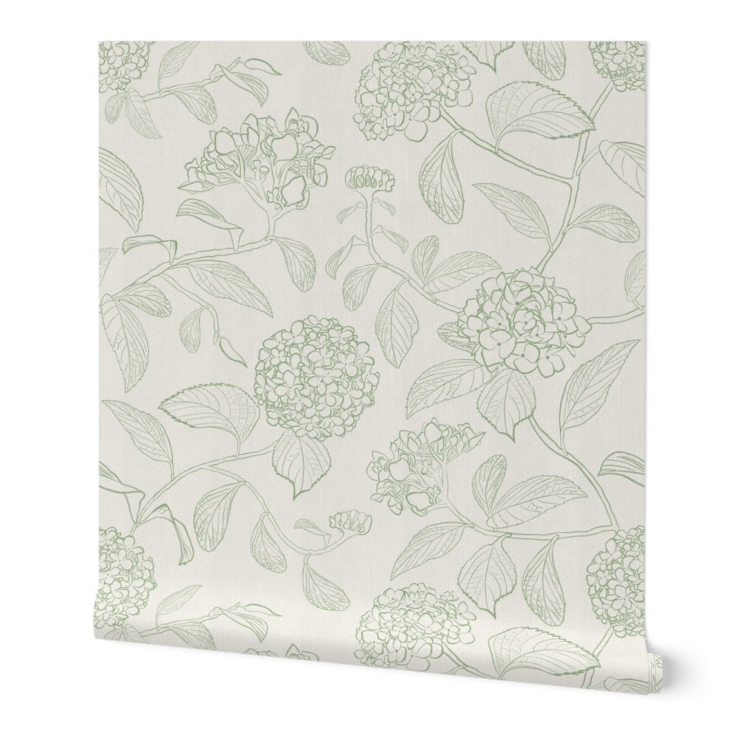 Large Scale Sage Pastel Green and White Floral Hydrangea Wallpaper in ...