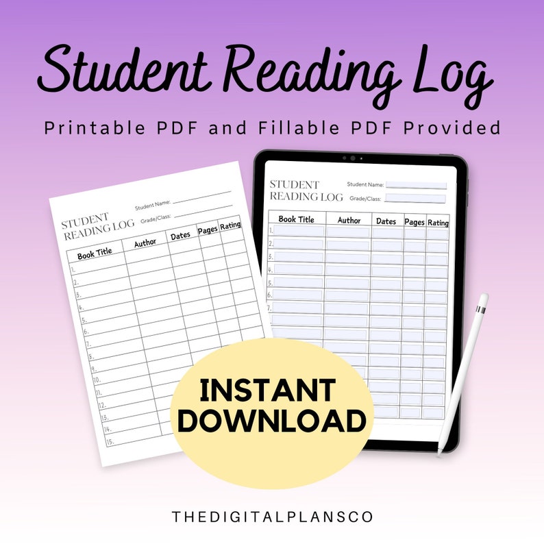Student Reading Log, Book Review, PDF, Fillable PDF Reading Log and ...