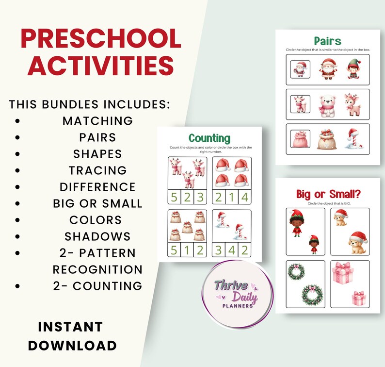 Christmas Preschool Activity Bundle, Printable Learning Games, Matching ...