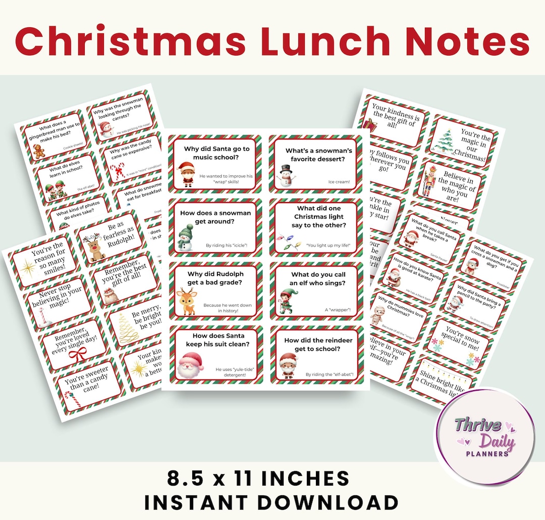 Printable Christmas Lunch Notes & Jokes, Lunchbox Notes for Kids ...
