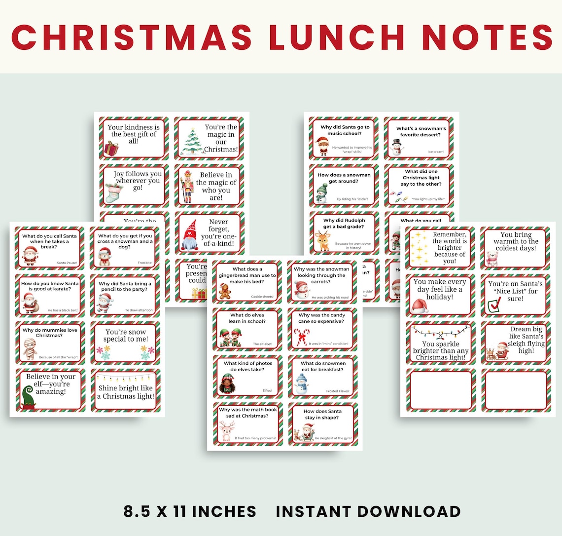 Printable Christmas Lunch Notes & Jokes, Lunchbox Notes for Kids ...