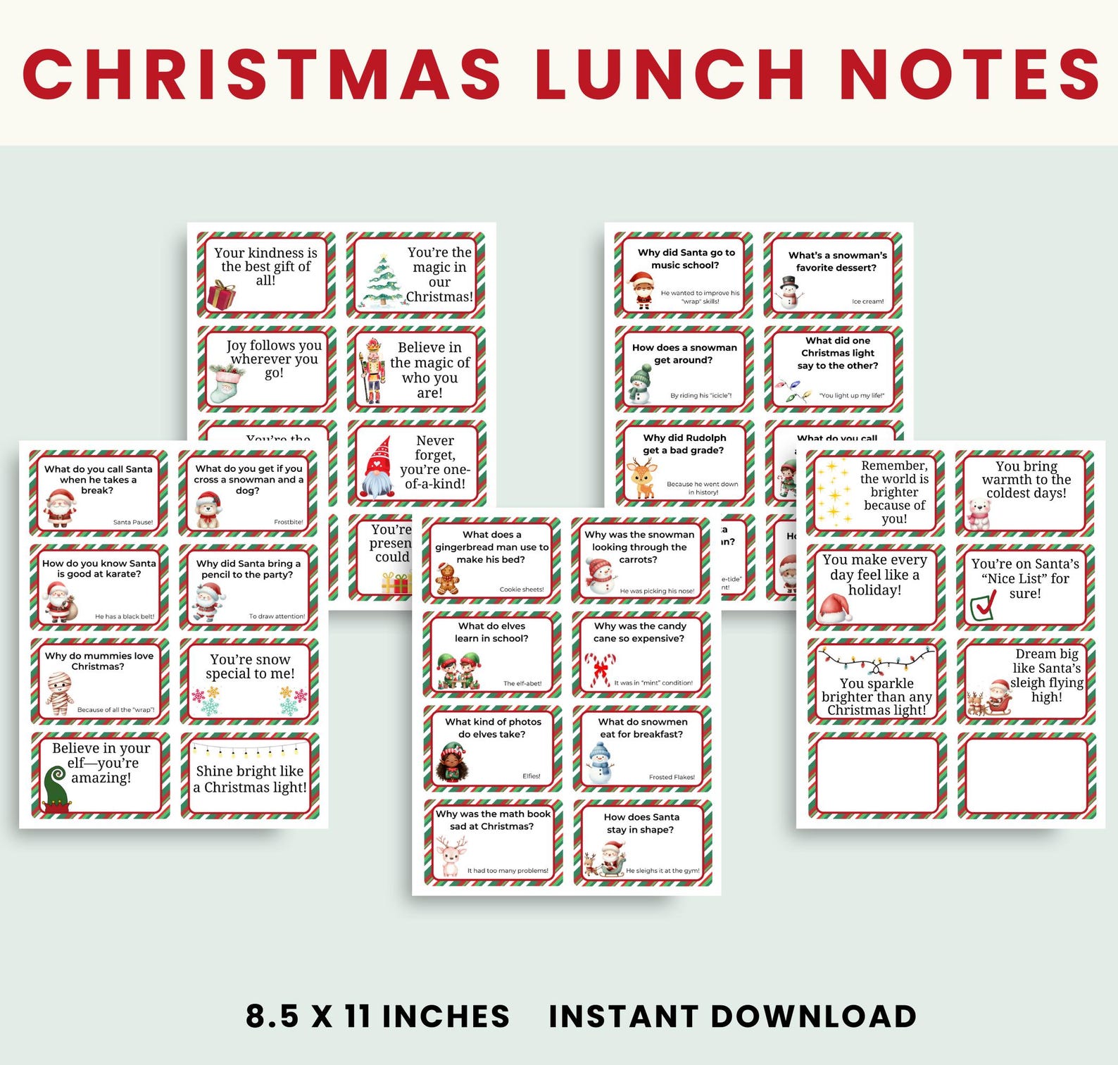Printable Christmas Lunch Notes & Jokes, Lunchbox Notes for Kids ...