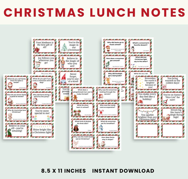 Printable Christmas Lunch Notes & Jokes, Lunchbox Notes for Kids ...