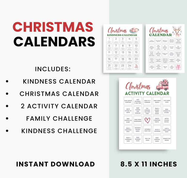 Printable Christmas Advent and Kindness Calendars, Family Holiday ...
