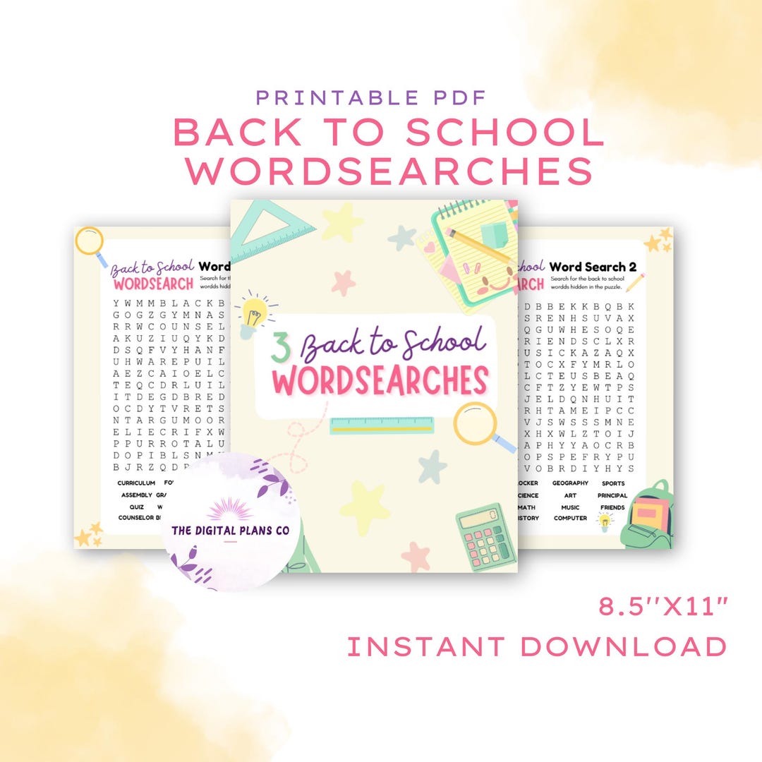 Back to School Wordsearch, Printable Kids Wordsearch Set, Educational ...