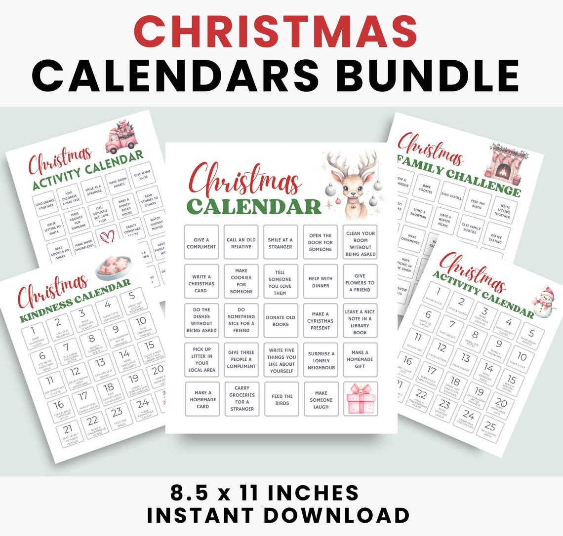 Printable Christmas Advent and Kindness Calendars, Family Holiday ...