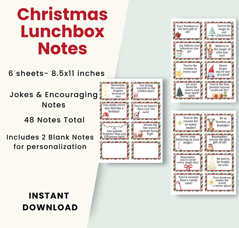 Printable Christmas Lunch Notes & Jokes, Lunchbox Notes for Kids ...