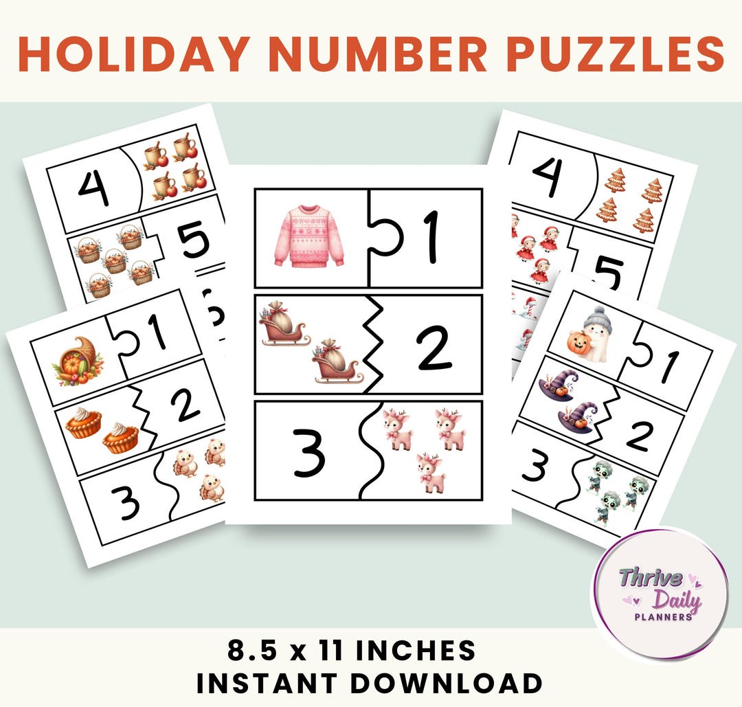 Holiday Number Puzzle-matching Bundle, Printable Preschool Activities ...