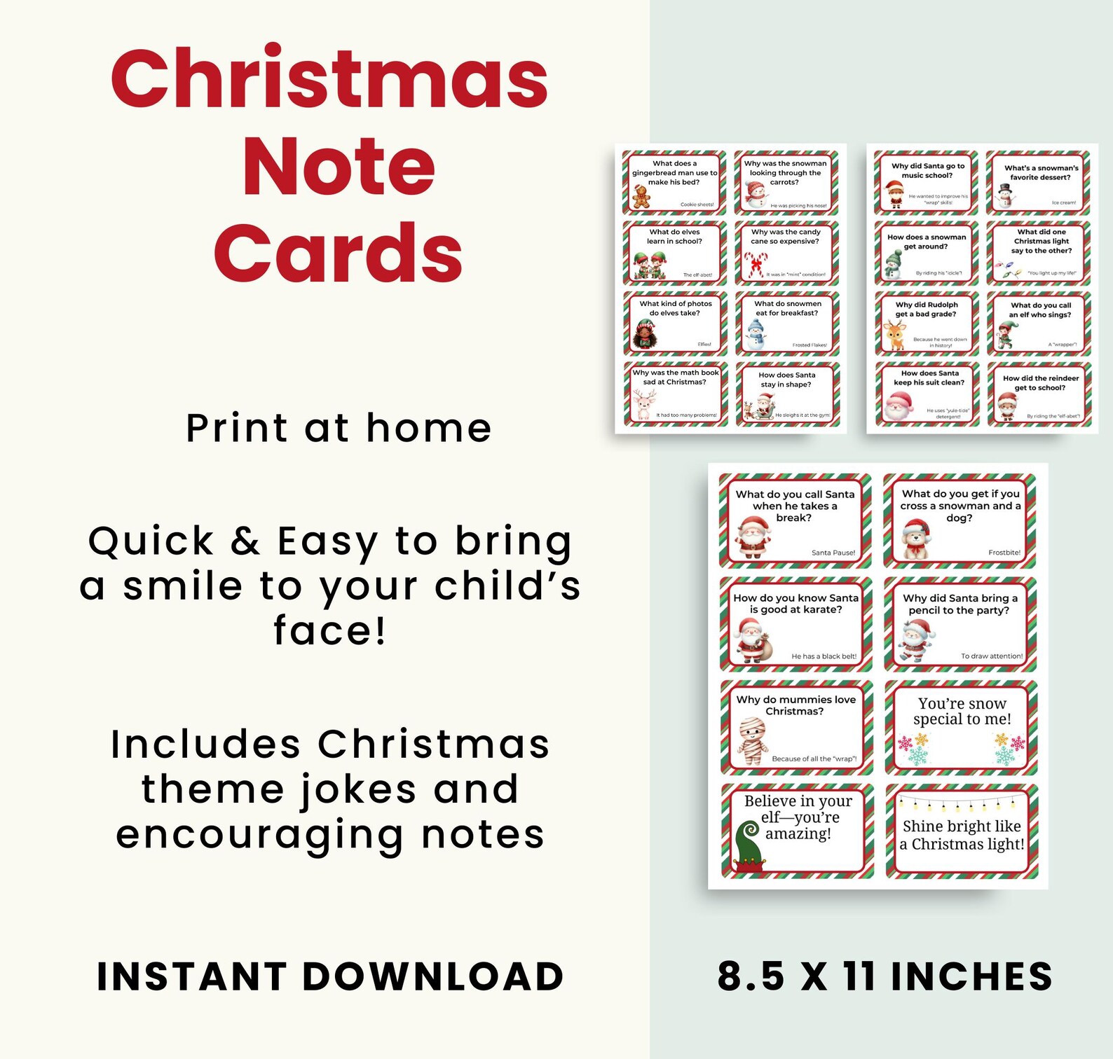 Printable Christmas Lunch Notes & Jokes, Lunchbox Notes for Kids ...