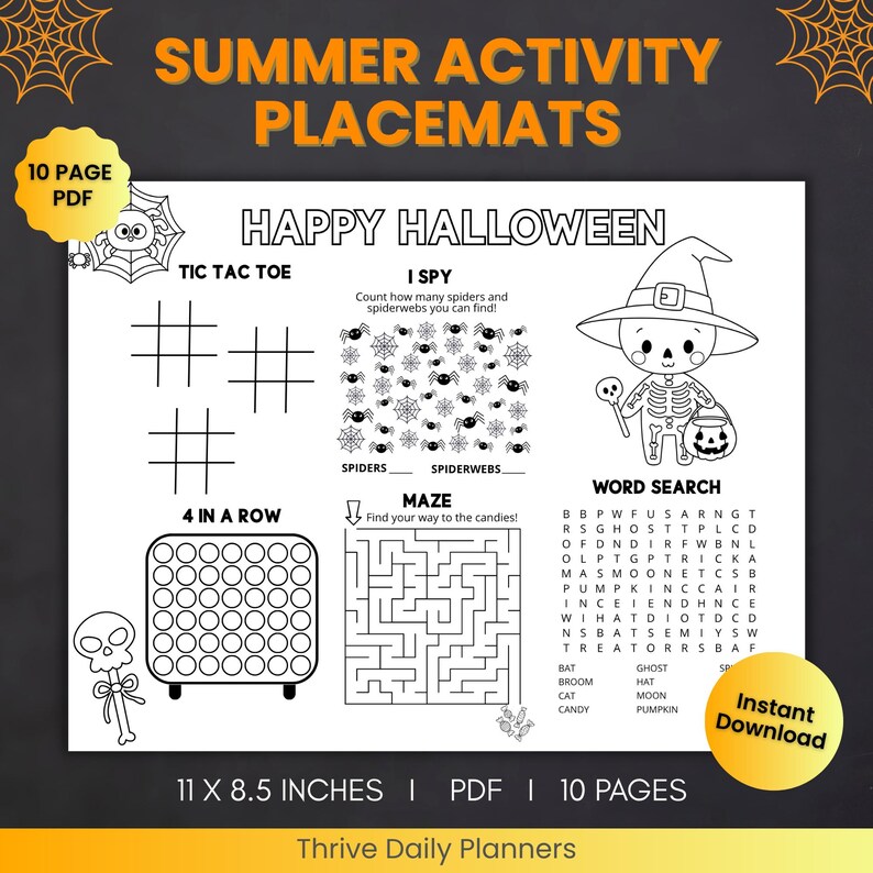 Halloween Activity Printables for Kids, 10 Fun Placemat Sheets ...