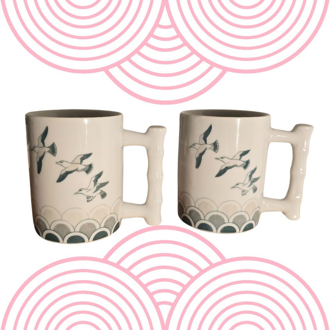 70s Japanese White Porcelain Mugs, Set of Two, Bamboo Handle, Flying ...