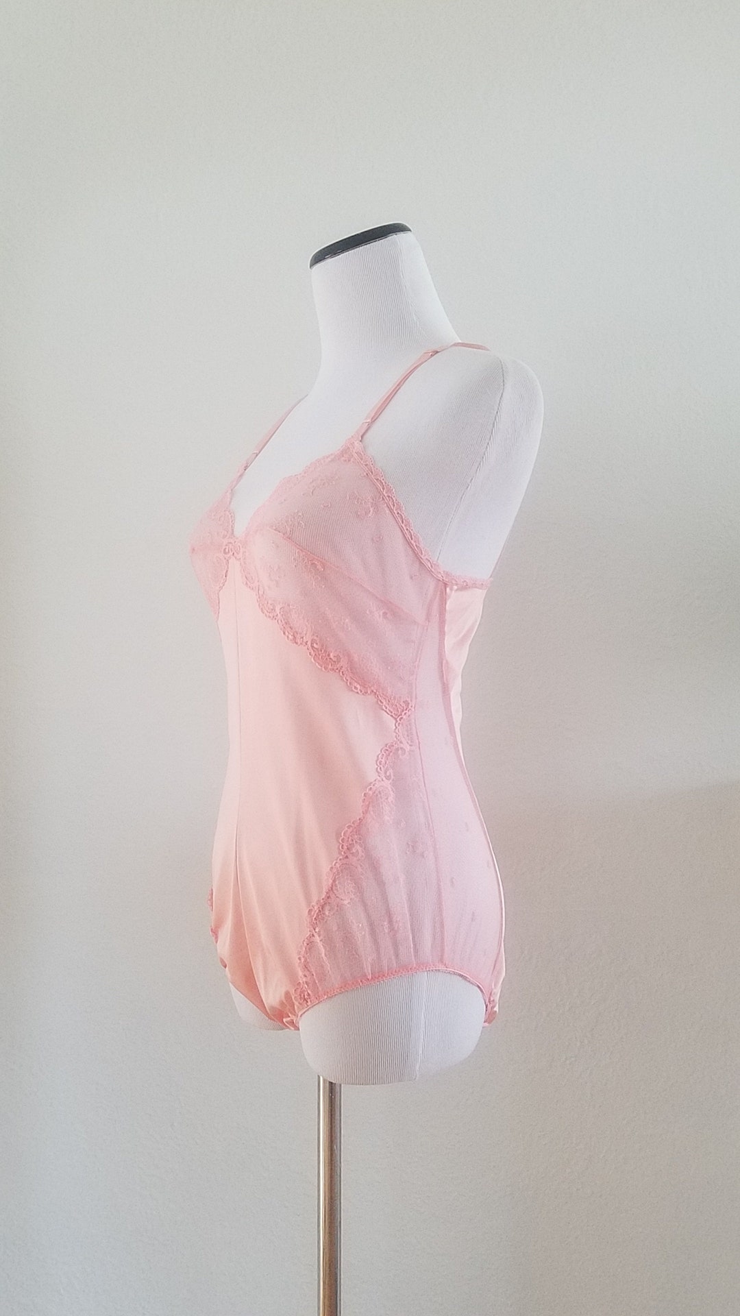 80s Pink Teddy, Sexy Floral Lace Bodice, Sheer Lace on Sides. 80s Sexy ...
