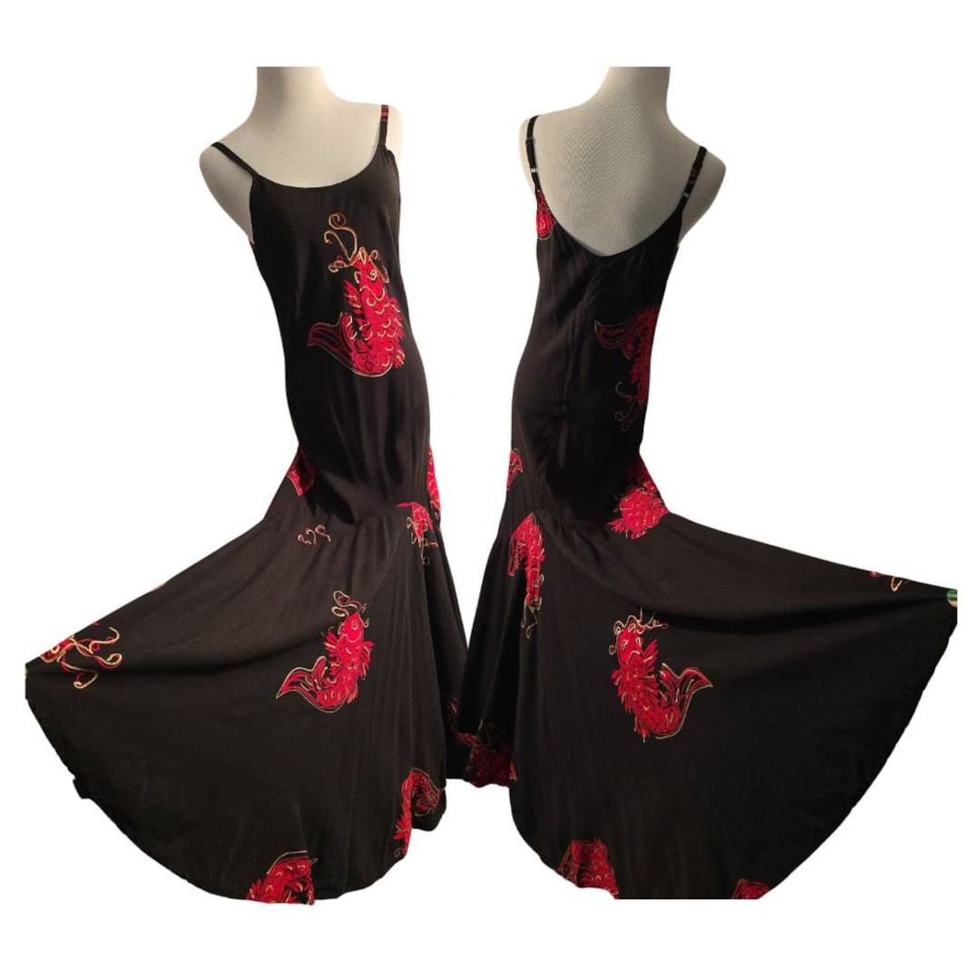 90s Does 30s Flamenco Dress, Summer Slip Dress, Full Fish Tail Hem ...