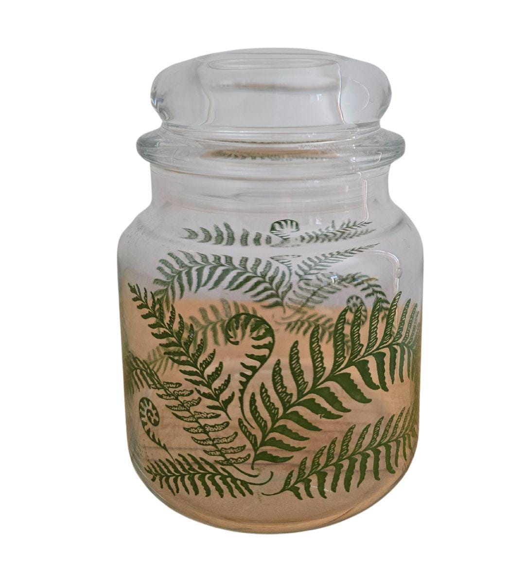 70s Canister, Botanical Green Fern on Clear Glass Jar, Bubble Dome Lid ...