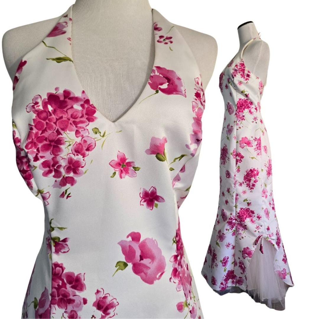 Y2K Summer Maxi Gown, Zum Zum by Niki Livas, Halter Gown in White Satin ...