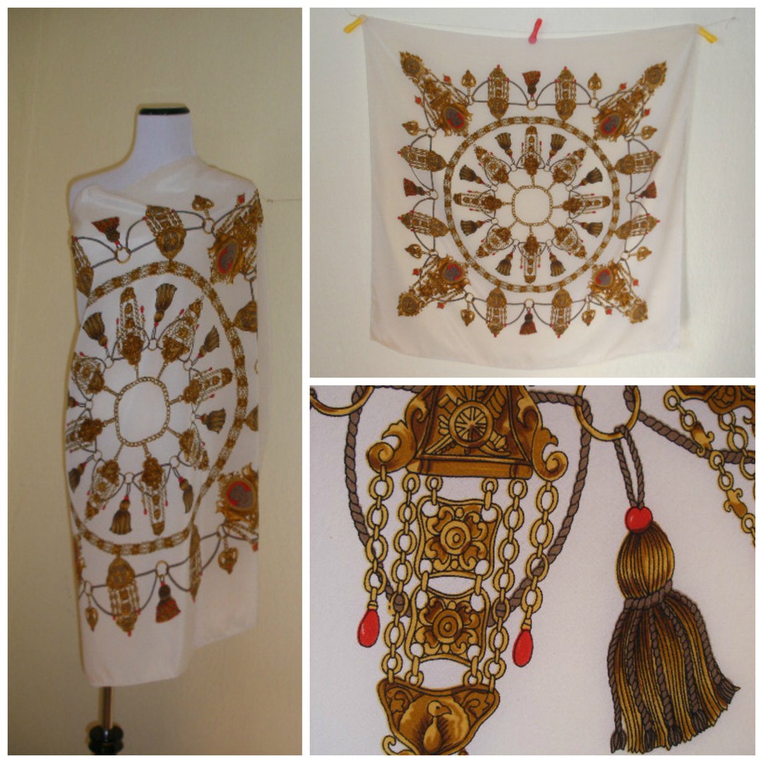 70s-80s Vintage Scarf, Head Scarf-gold Chain Tassel Motif on off White ...
