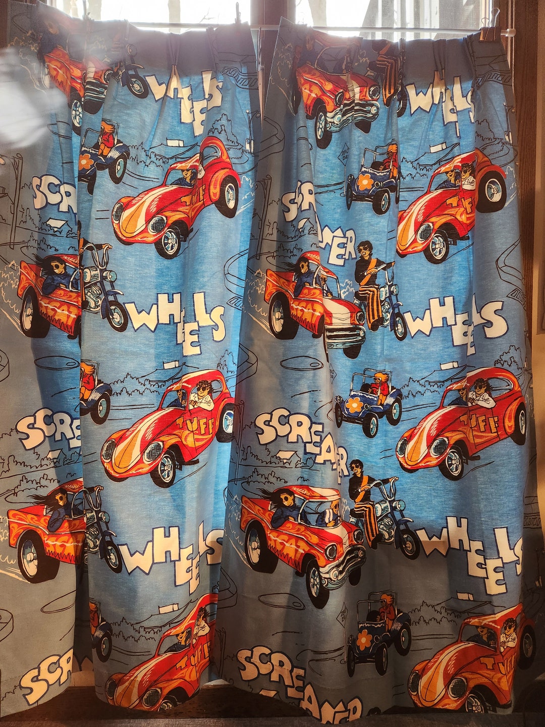 70s Hot Rod Novelty Fabric Curtains, Set of Two, Mint Print on Heavy ...
