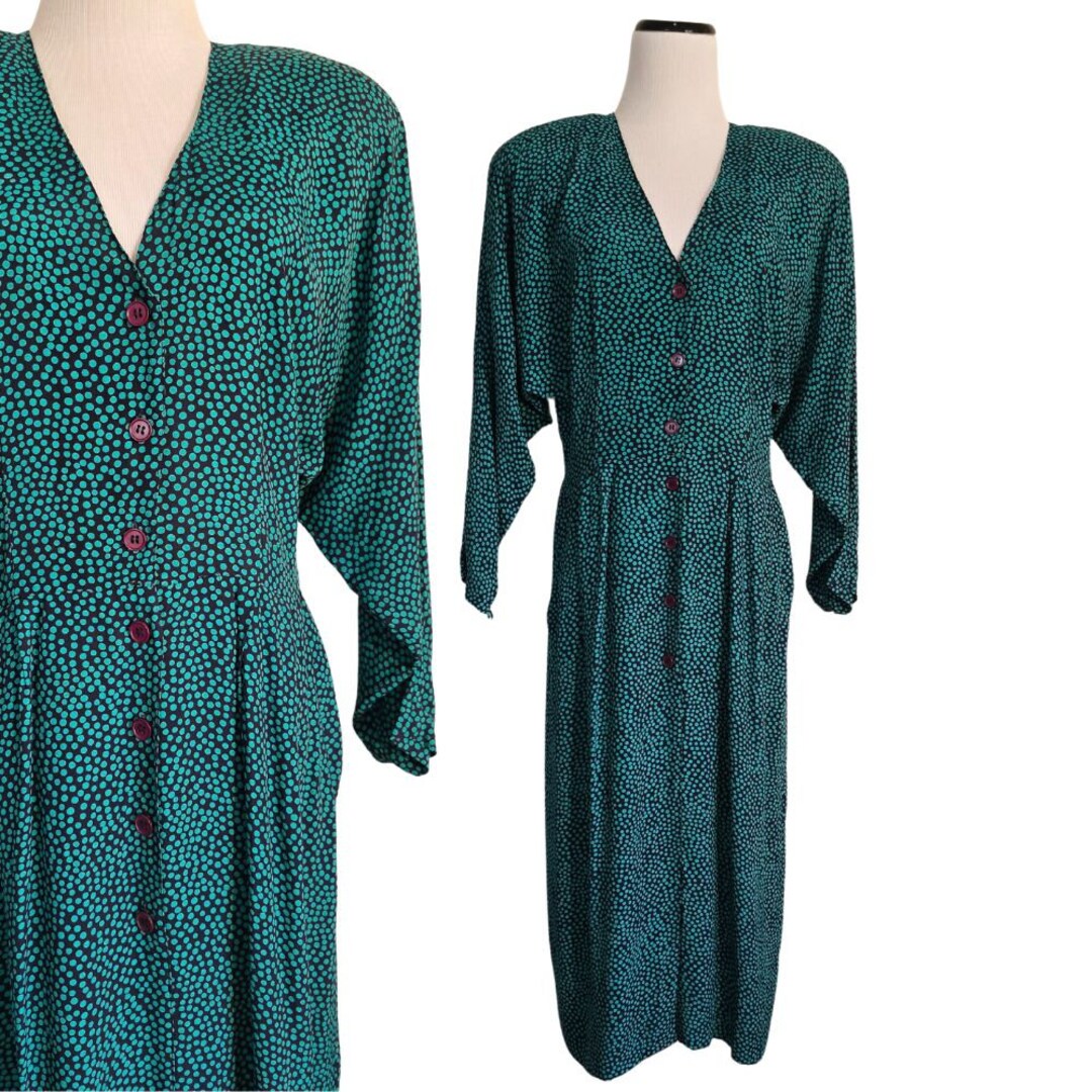 80s Ann Tjian for Kenar 2 Dress, Black-dotted Green Print Dolman Cut ...