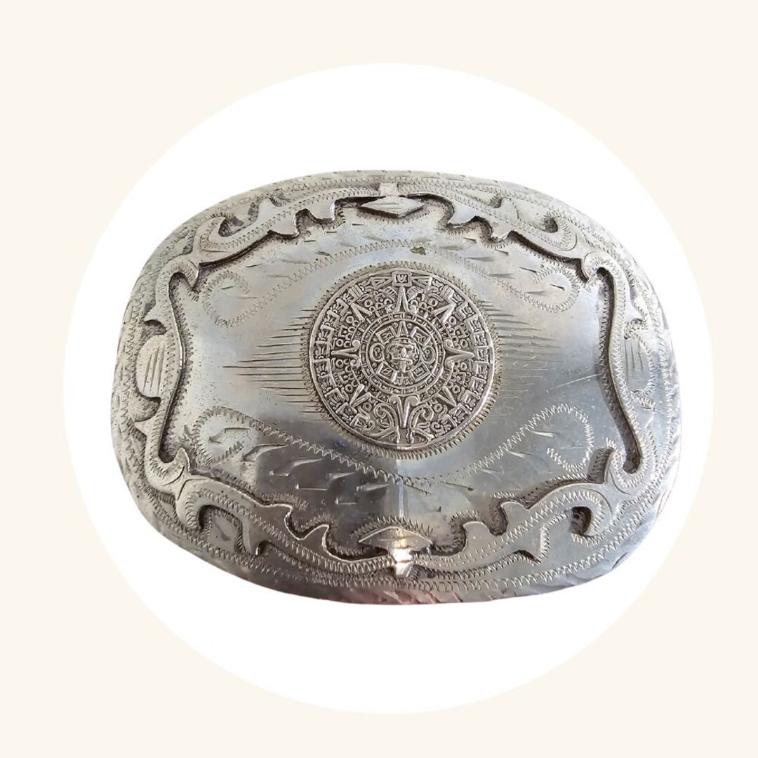 Vintage 70s Belt Buckle, Mayan-aztec Calendar, Etched Metal, Decorative ...