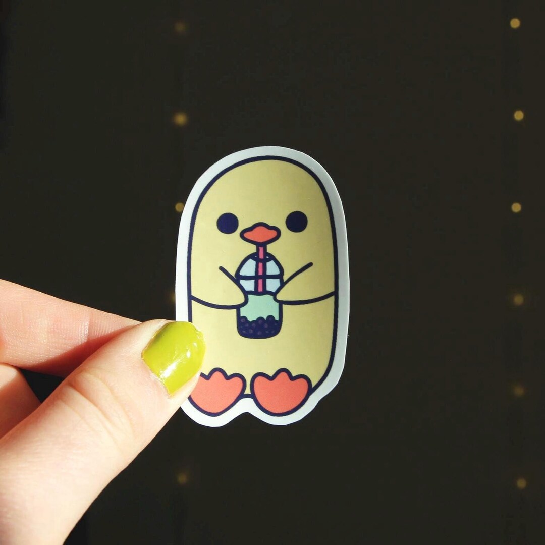 Cute Duck Sipping Boba Tea Sticker Waterproof Glossy Laminated Sticker ...