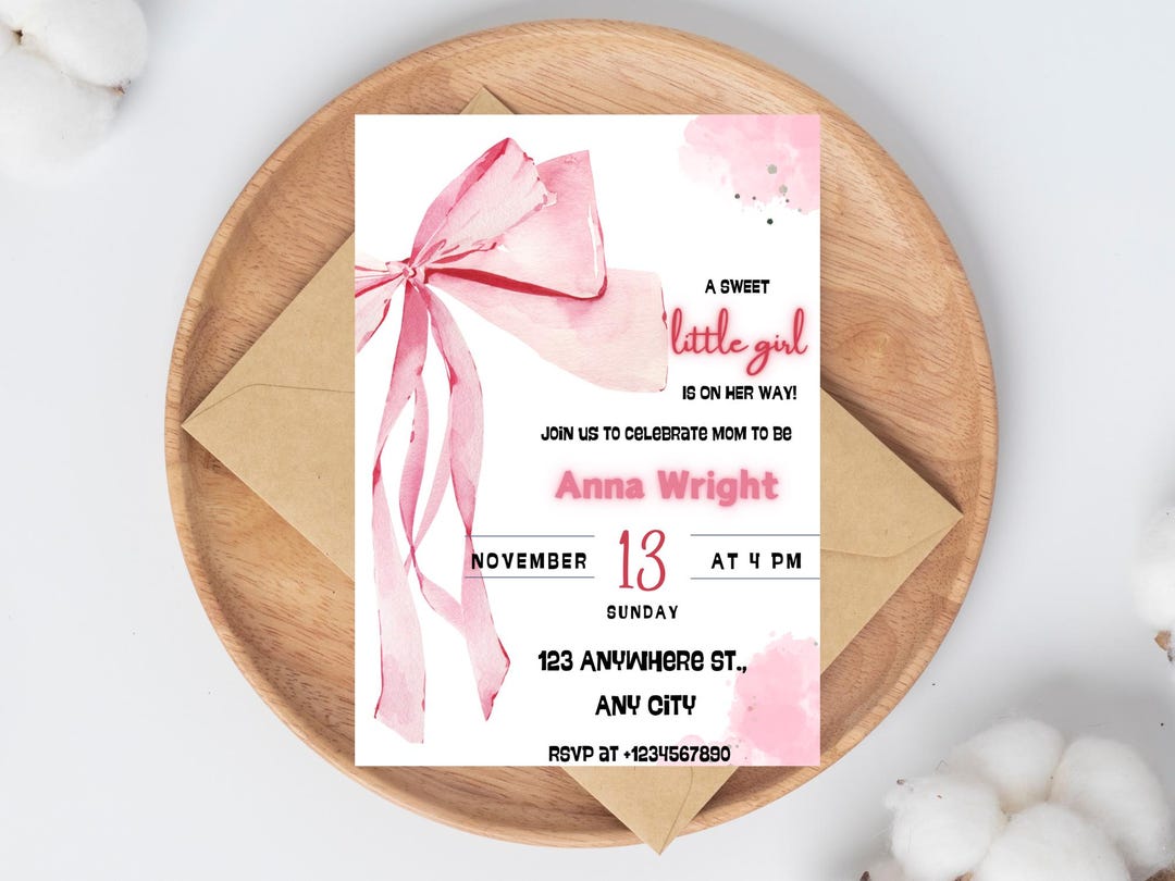 Editable Pink Bow Baby Shower Invitation Template, A Sweet Little Girl ...