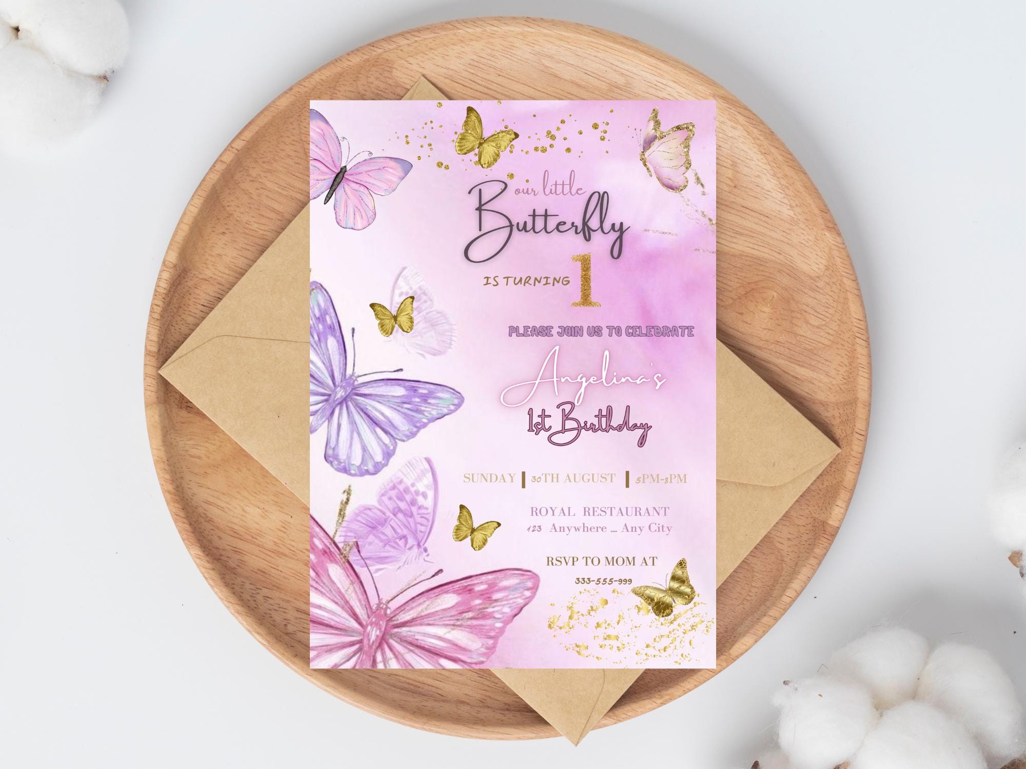 Editable Butterfly Birthday Invitation Template, Purple & Pink Theme ...