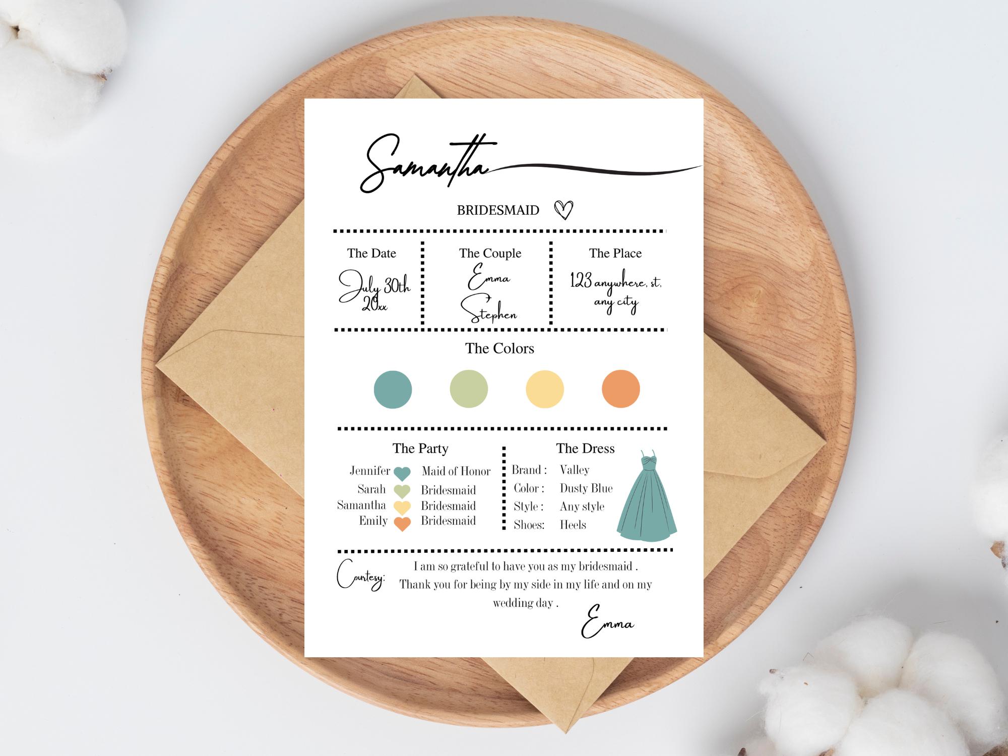 Editable Info Card Template, Printable Bridemaid Information Card ...