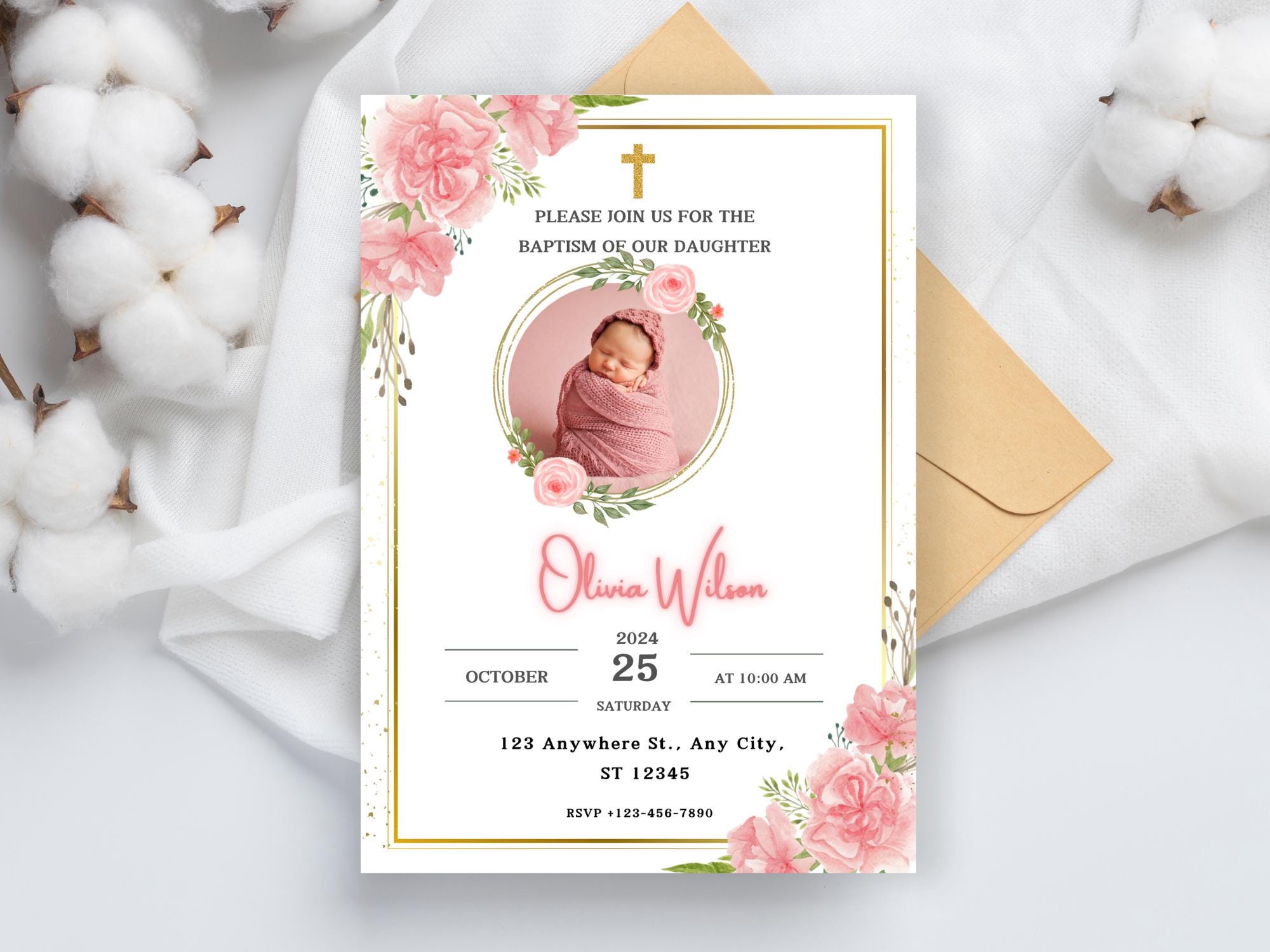 Editable Pink Baptism Invitation Template, Pink Girl Baptism Invitation ...