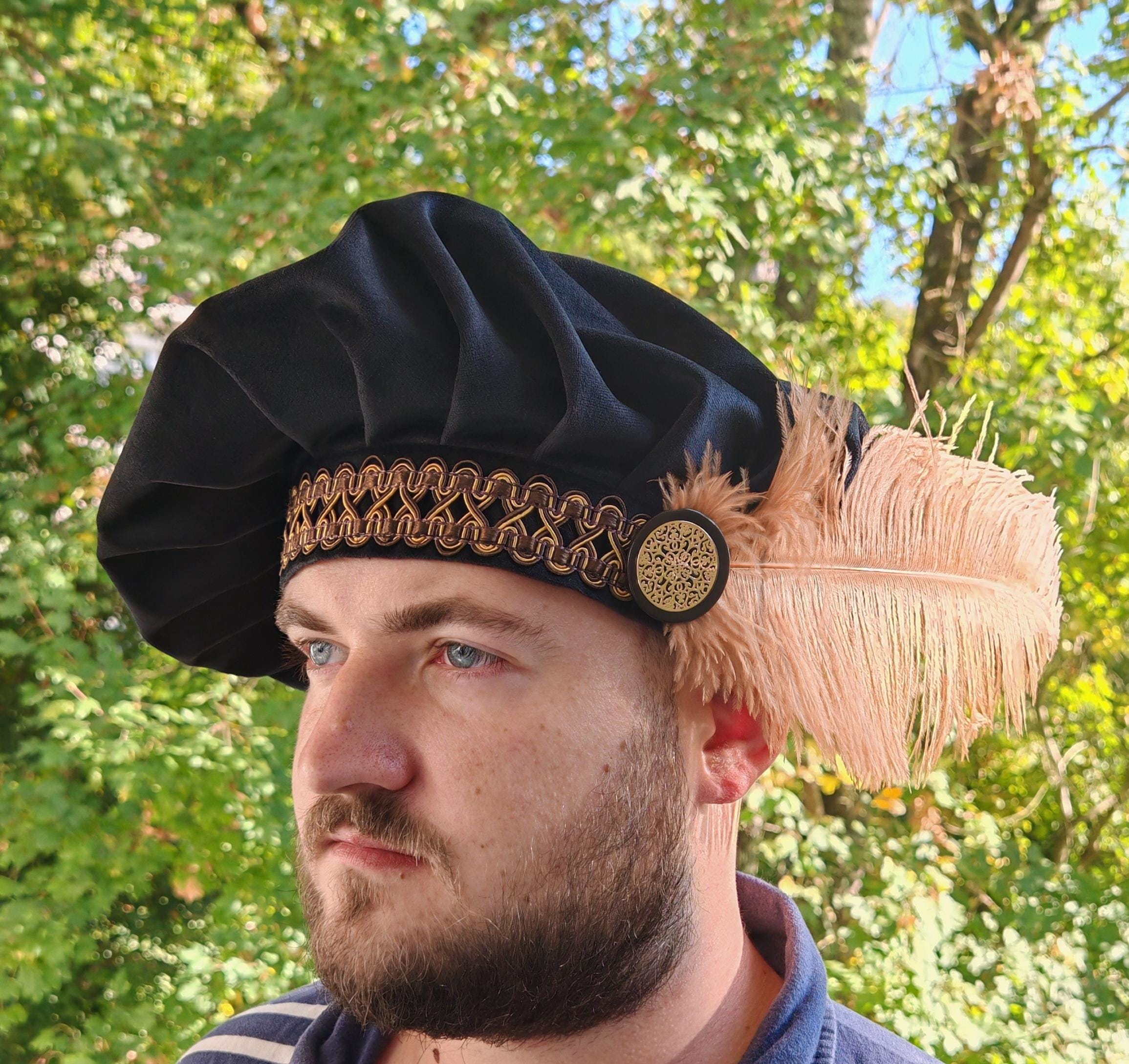 Muffin Hat With Feathers, Renaissance Tudor Beret. Historical Costume ...