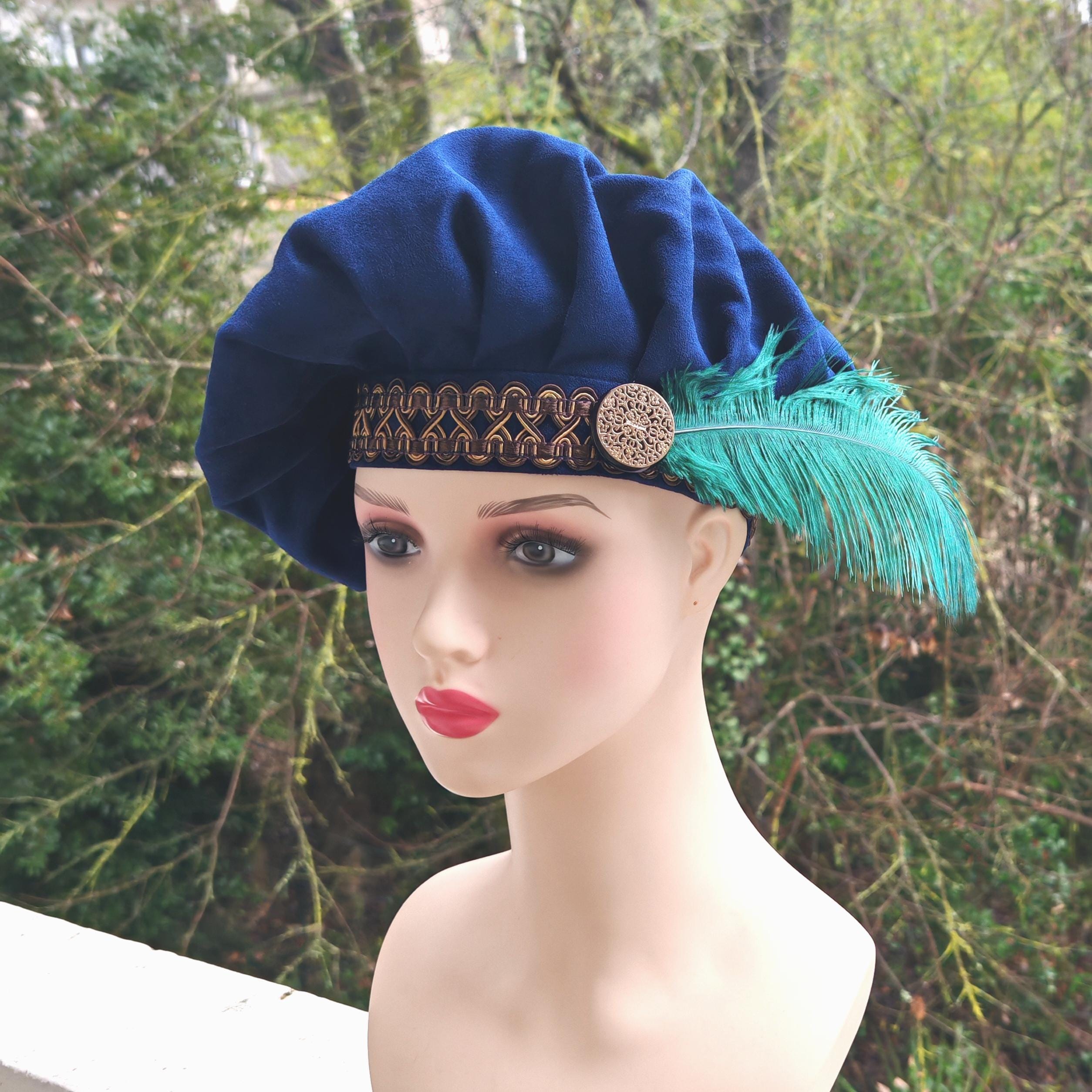 Muffin Hat With Feathers, Renaissance Tudor Beret. Historical Costume ...