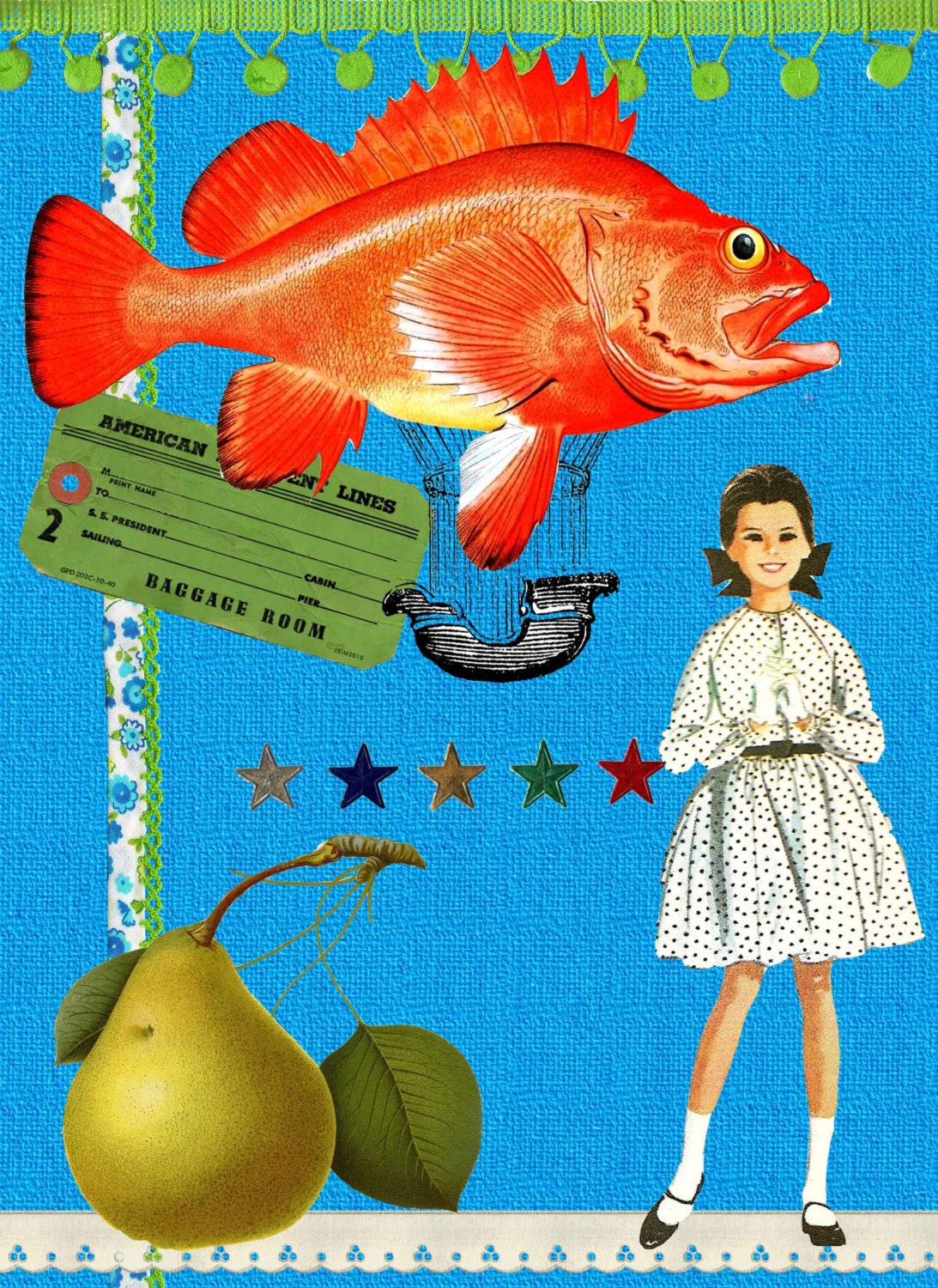 Collage Art Print // Vintage Ephemera Fish Girl // Bright Home | Etsy