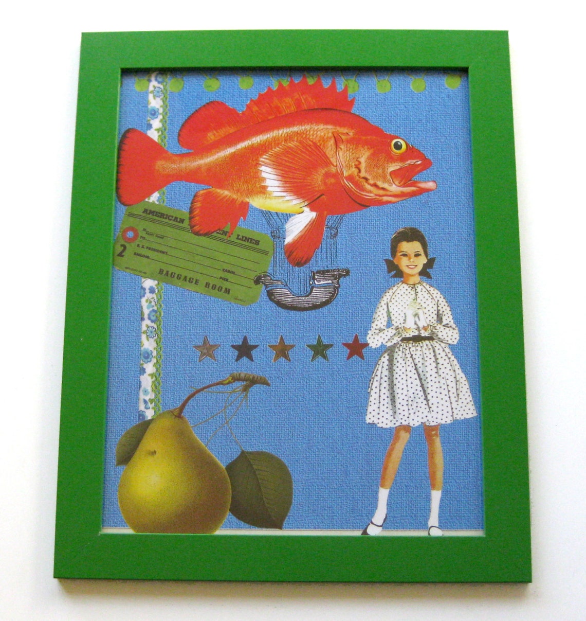 Collage Art Print // Vintage Ephemera Fish Girl // Bright Home | Etsy