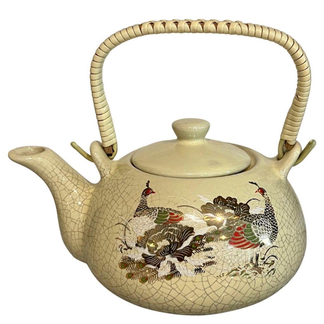 Japanese Crazed Cream Teapot Pheasant Bird Design Crackle Glaze Woven ...