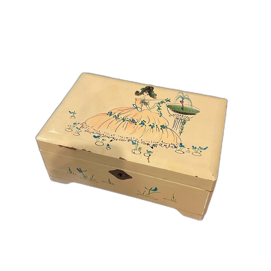 Vintage Cream Hand-painted Mirrored Jewelry & Music Box + Key With Blue ...