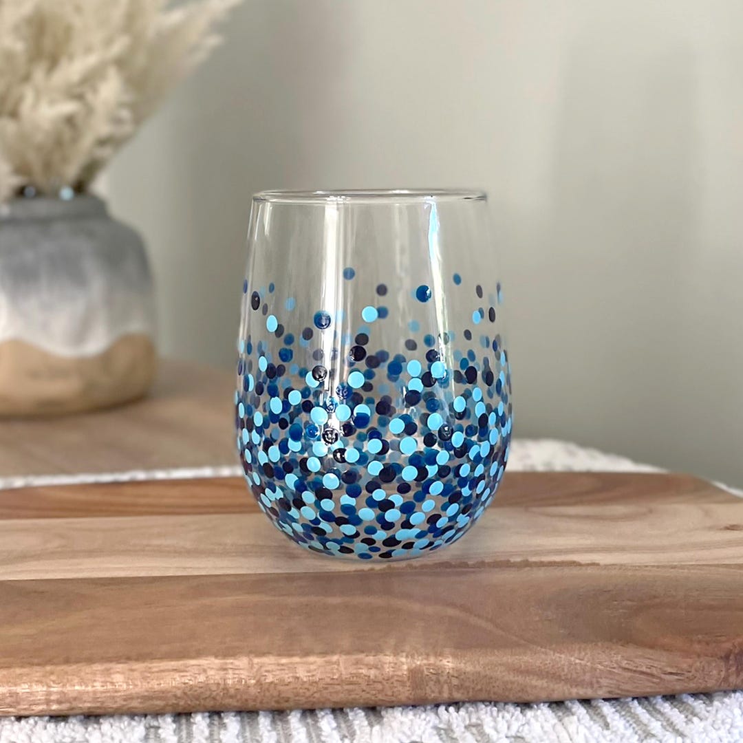Painted Polka Dot Wine Glass // Single Stemless Glass // Blue & Light ...