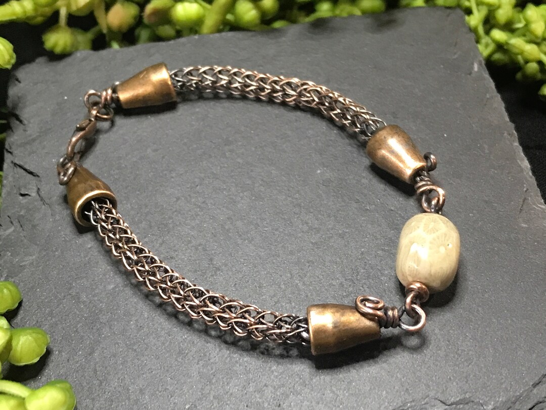 Viking Knit With Fossil Coral Bracelet, Wire Work, Wire Weaving - Etsy