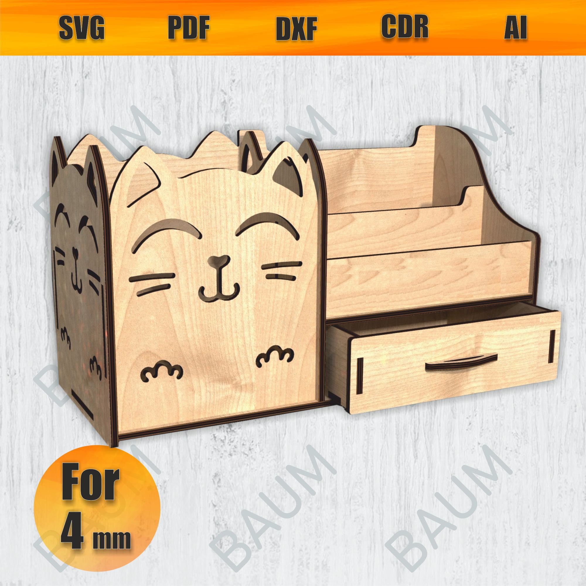 Cat Desk Organizer Laser Cut, Wooden Cat Desk Organizer, Dxf Project ...