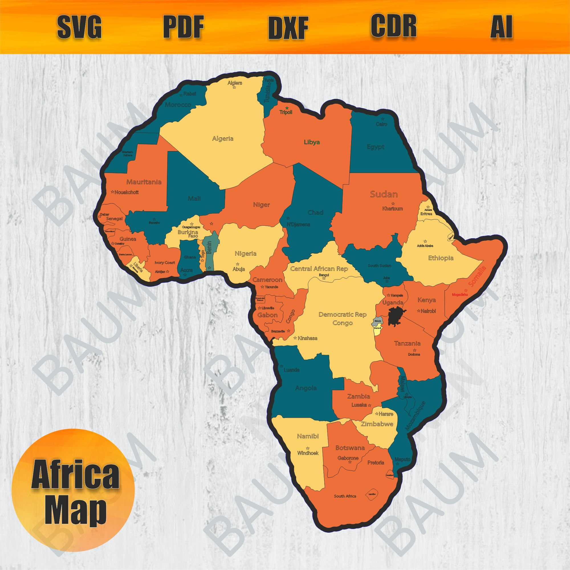 Africa Map Svg, Custom Africa Map Svg, Svg Ai Cdr Dxf Pdf, Africa Map Decor, Laser Cut Files ...