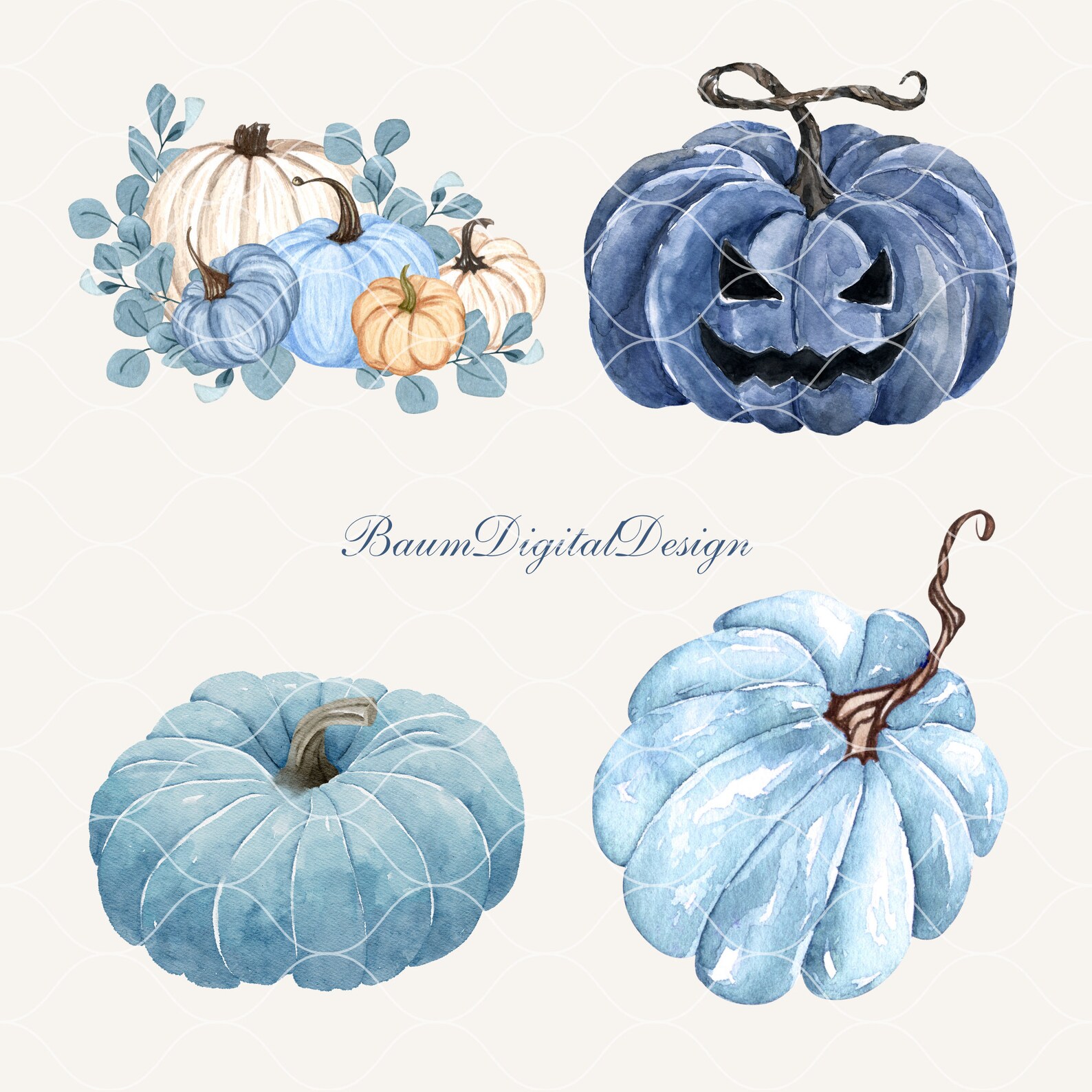 Blue Pumpkin Clipart, Blue Autumn Pumpkin Bundle, Fall Pumpkin Png ...