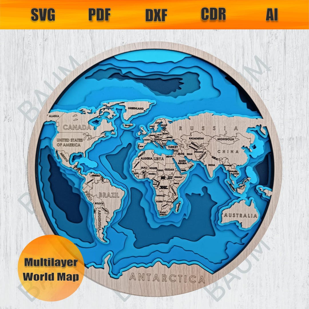 Map of the World Laser Cut, 6 Layers Wood World Map, Dxf Project, Svg ...