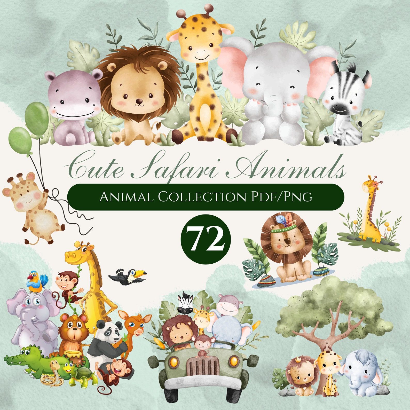 Watercolor Safari Animals Clipart, 72 Safari Family Clipart, Safari ...
