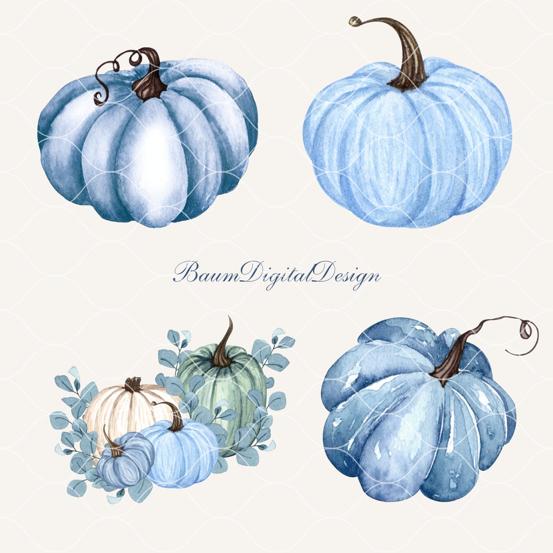 Blue Pumpkin Clipart, Blue Autumn Pumpkin Bundle, Fall Pumpkin Png ...