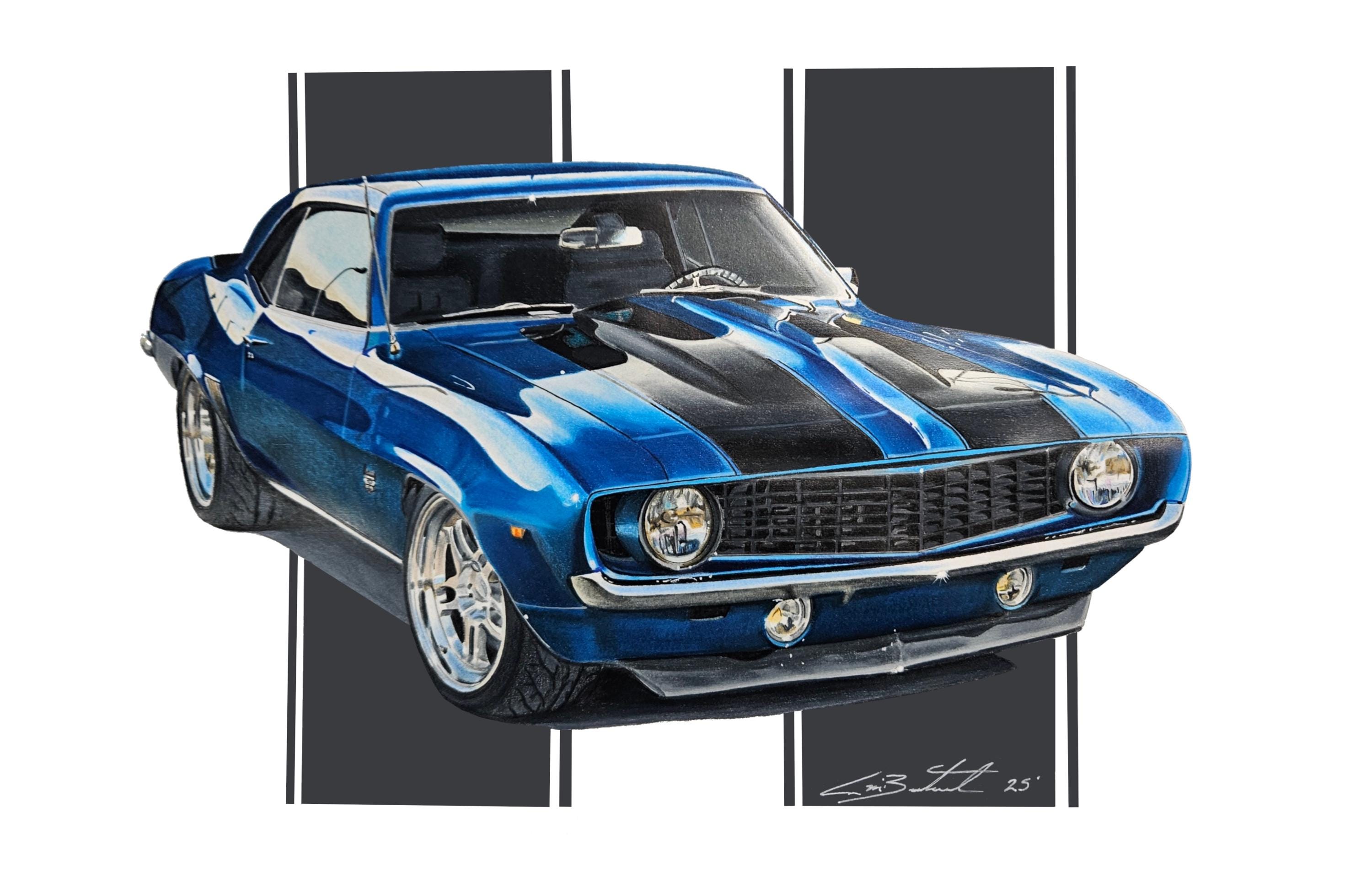 1969 Chevrolet Camaro Hand-drawn Art: Original Classic Muscle Car ...