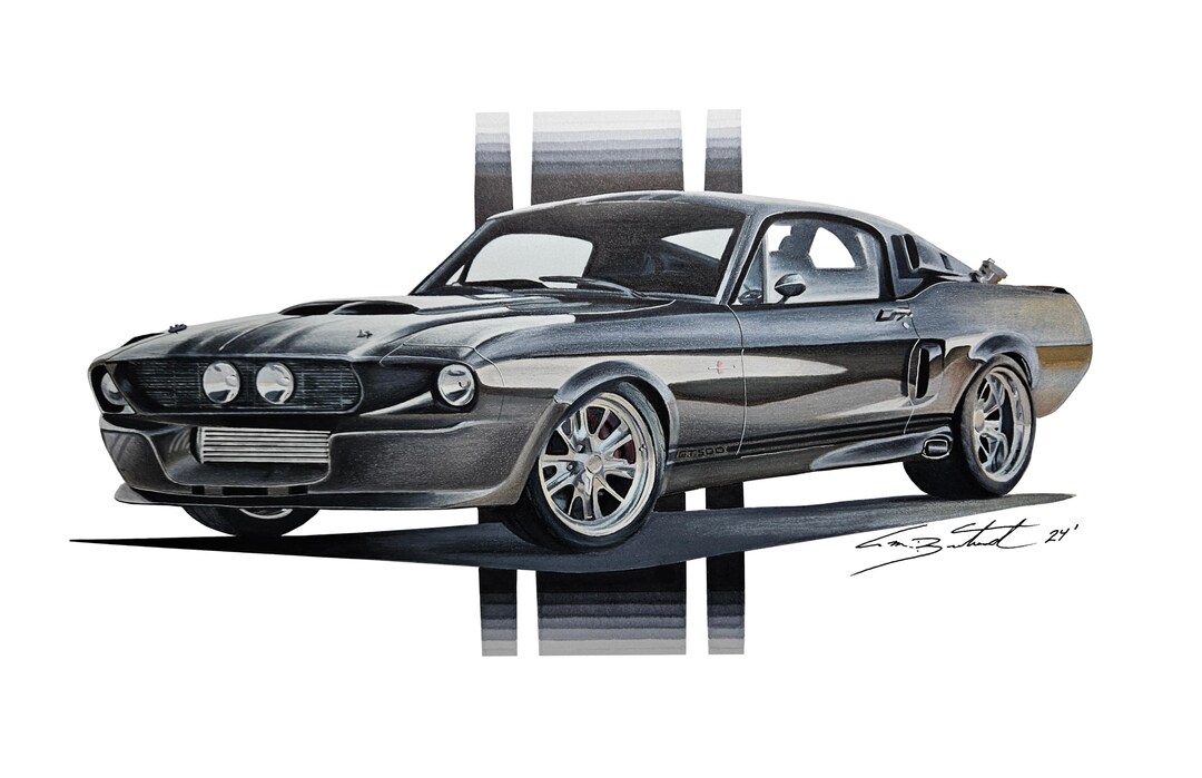 Ford Shelby GT500, Hand Drawn Art, Pencil Art, Muscle Car Art, Car Guy ...