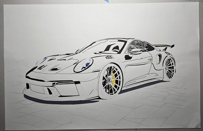 Porsche GT2-RS Art: Original Hand-drawn Supercar Portrait (11x17 Inch ...