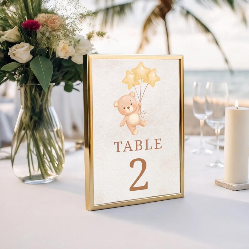Bear Baby Shower Table Numbers • Neutral Beige Teddy Design • Editable ...