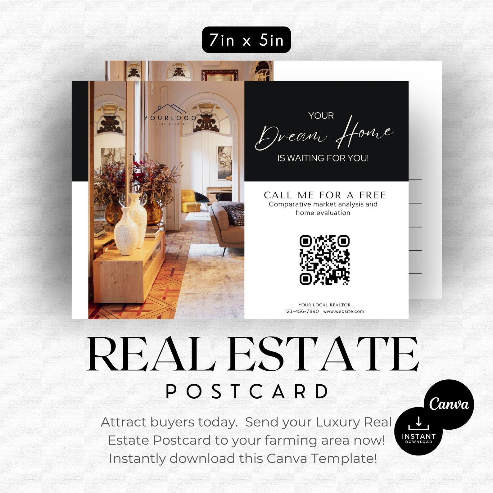 Luxury Real Estate Postcard: Agent Marketing, QR Code Canva Template ...