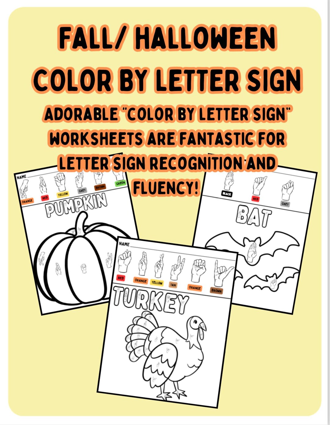 ASL Fall/ Halloween Color by Letter Sign Coloring Page Worksheets - Etsy
